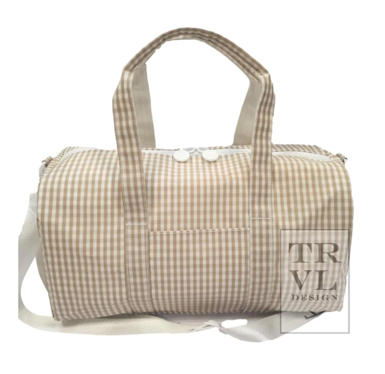 TRVL Weekender Duffle - Gingham Khaki – Classy Thread Embroidery and Gifts